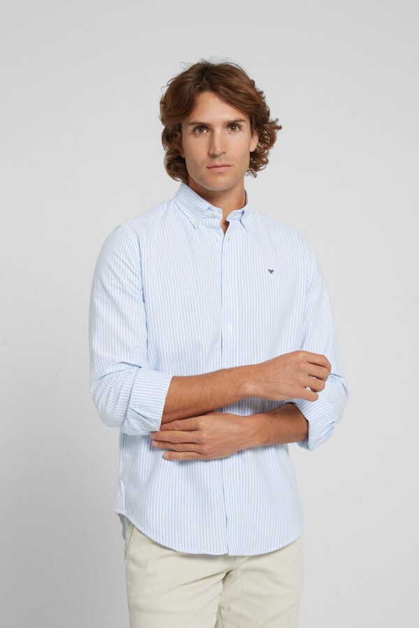 Camisa Sport Oxford Warm Risca Média Azul Claro Camisas De Homem