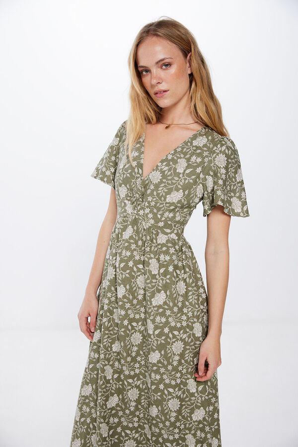 Vestido Midi Lino Nudo Escote Vestidos Y Monos De Mujer Cortefiel