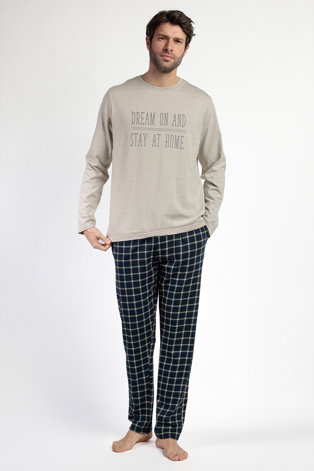Pijama comprido azul e bege xadrez para homem | Pijamas para Homem ...