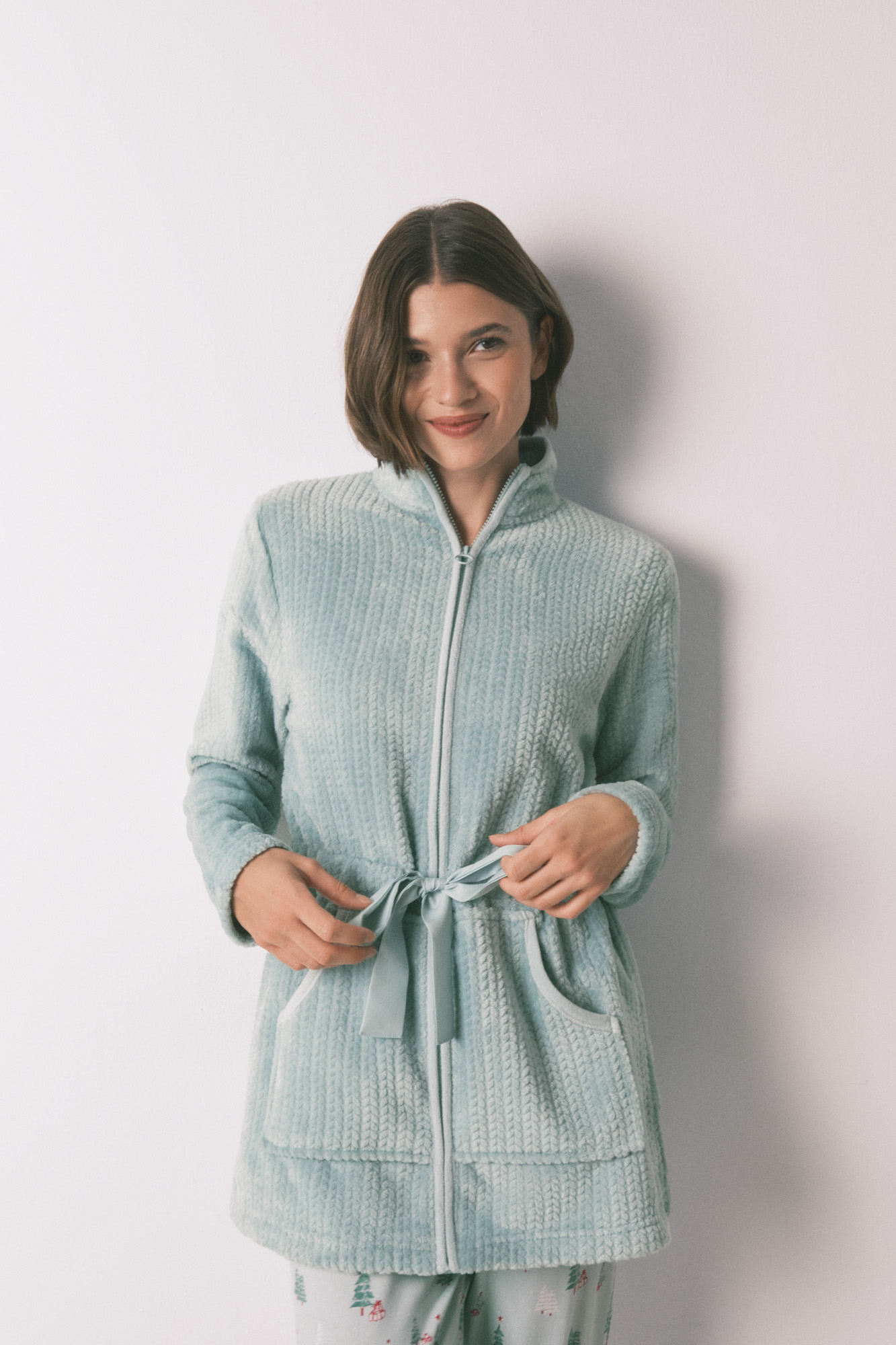 Robe midi tecido polar verde | Robes para Mulher | Cortefiel